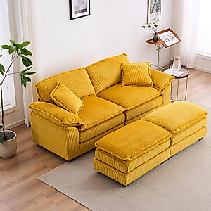Corduroy Sectional Couch, 84“ Width Oversize Loveseat Sofa, Comfy Plush Cloud Couch Lounge Chair with Ottomans and 2 Pillows for Small Spaces, Living Room, Bedroom, Office Easy to Install (Yellow)