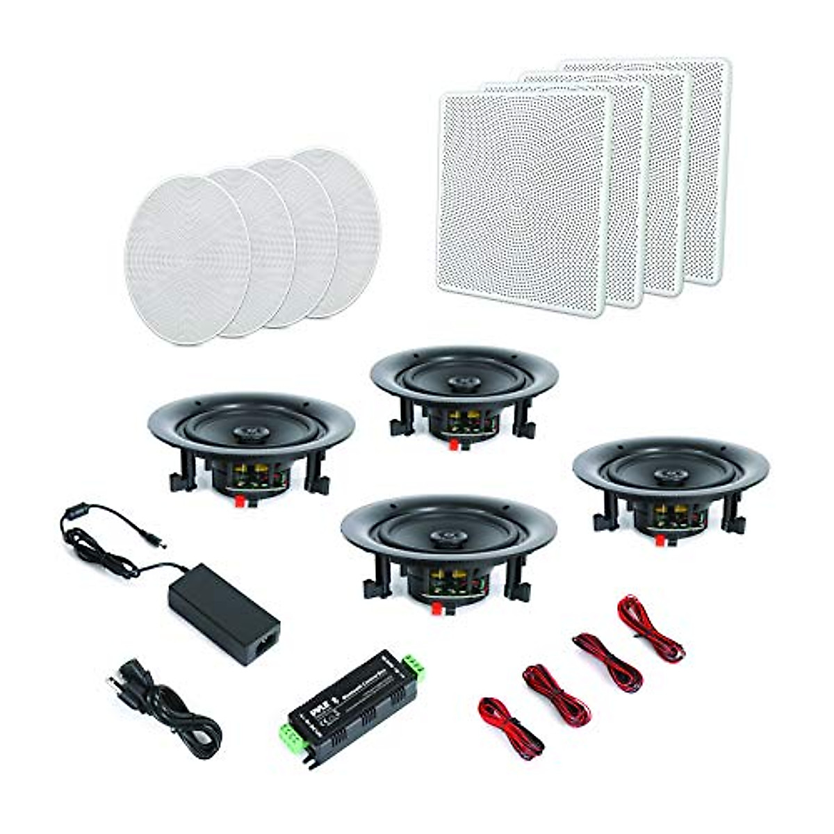 Pyle 6.5” 4 Bluetooth Flush Mount in-Wall in-Ceiling 2-Way Speaker System & Wireless BT Receiver Wall Mount - 100W in-Wall Audio Control Receiver w/Built-in Amplifier, USB/Microphone (3.5mm) Inputs