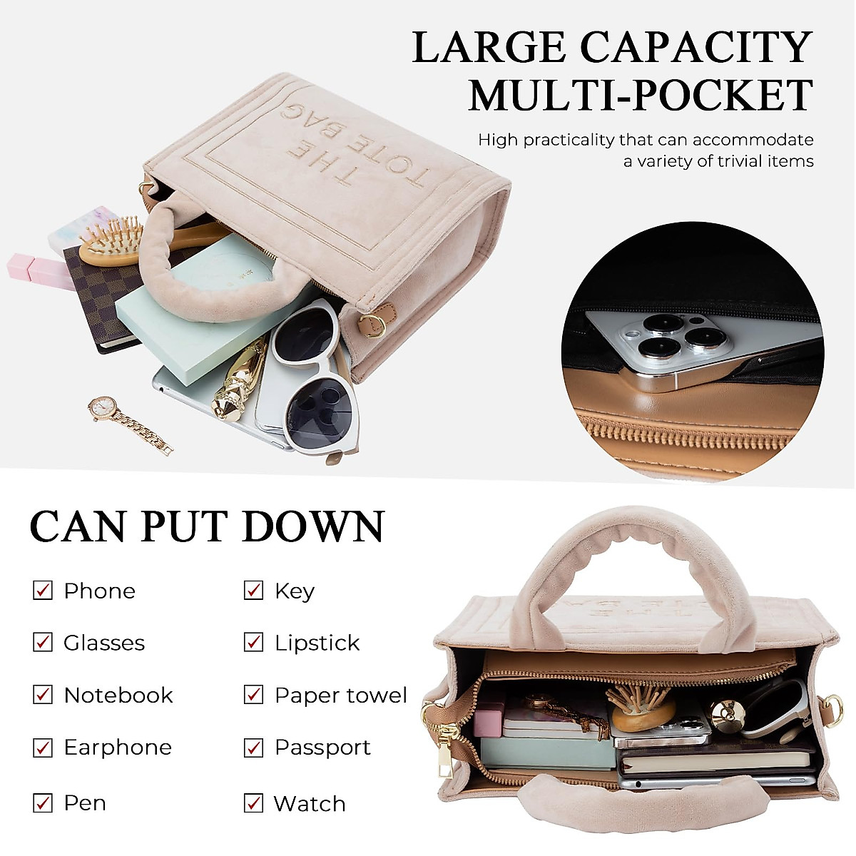 JQAliMOVV The Tote Bags for Women, Trendy Leather Tote Bags Small Top-Handle Crossbody Tote Bag Handbag for Travel Work (Khaki)