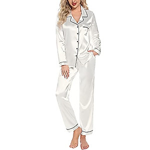 Senert Women's Long Sleeve Sleepwear Button Down Satin 2 Piece Pajama Set White,Medium