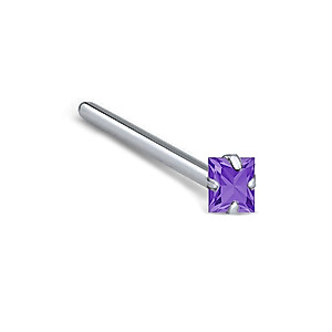 316L Surgical Steel 15mm Straight Nose Ring 2mm Square Stone Purple 20G