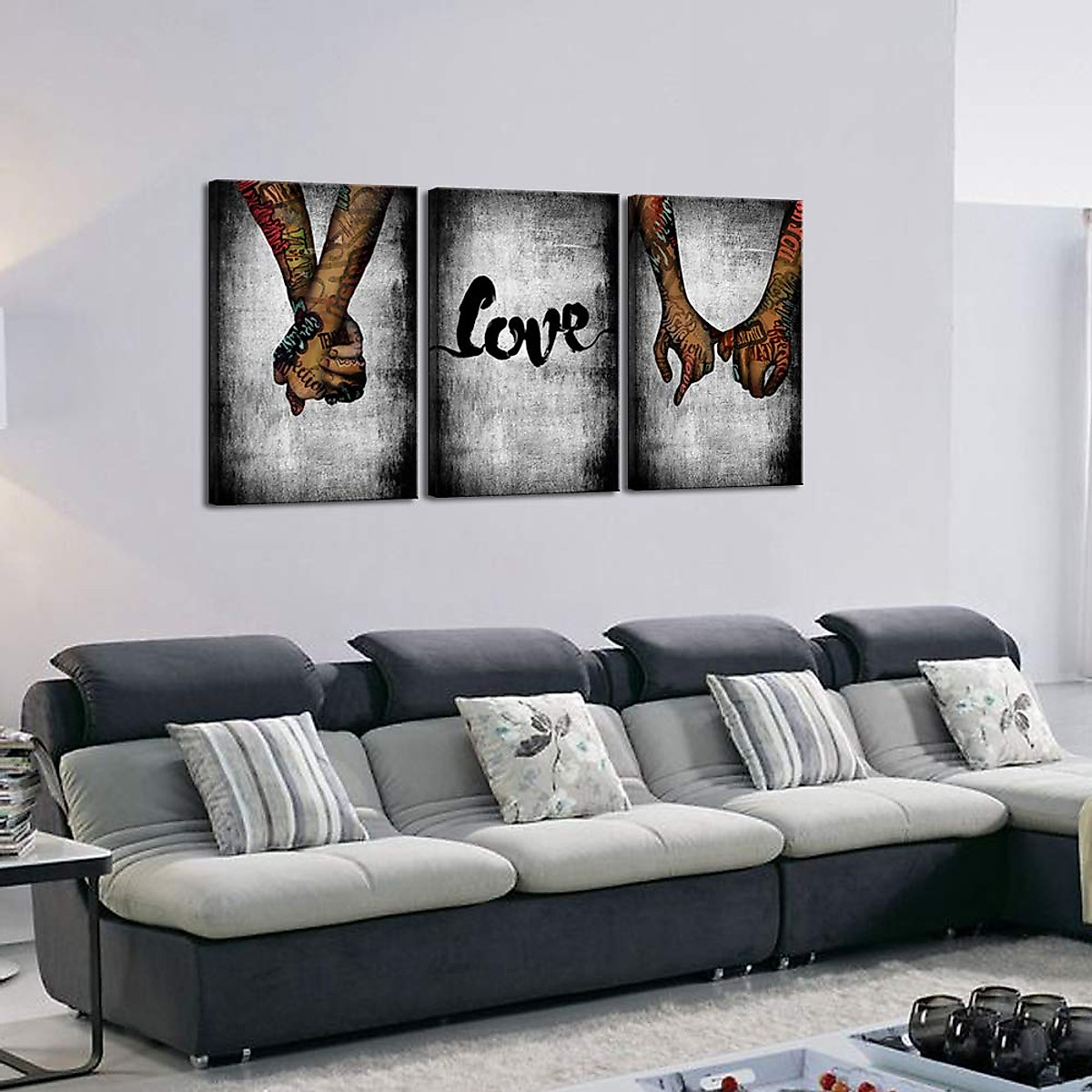 sechars Graffiti Canvas Wall Art Love Hand in Hand Painting Poster Print Abstract Pop Art for Bedroom over The Bed Decoration Lover Artwork Framed Ready to Hang 16x24inchx3PCS