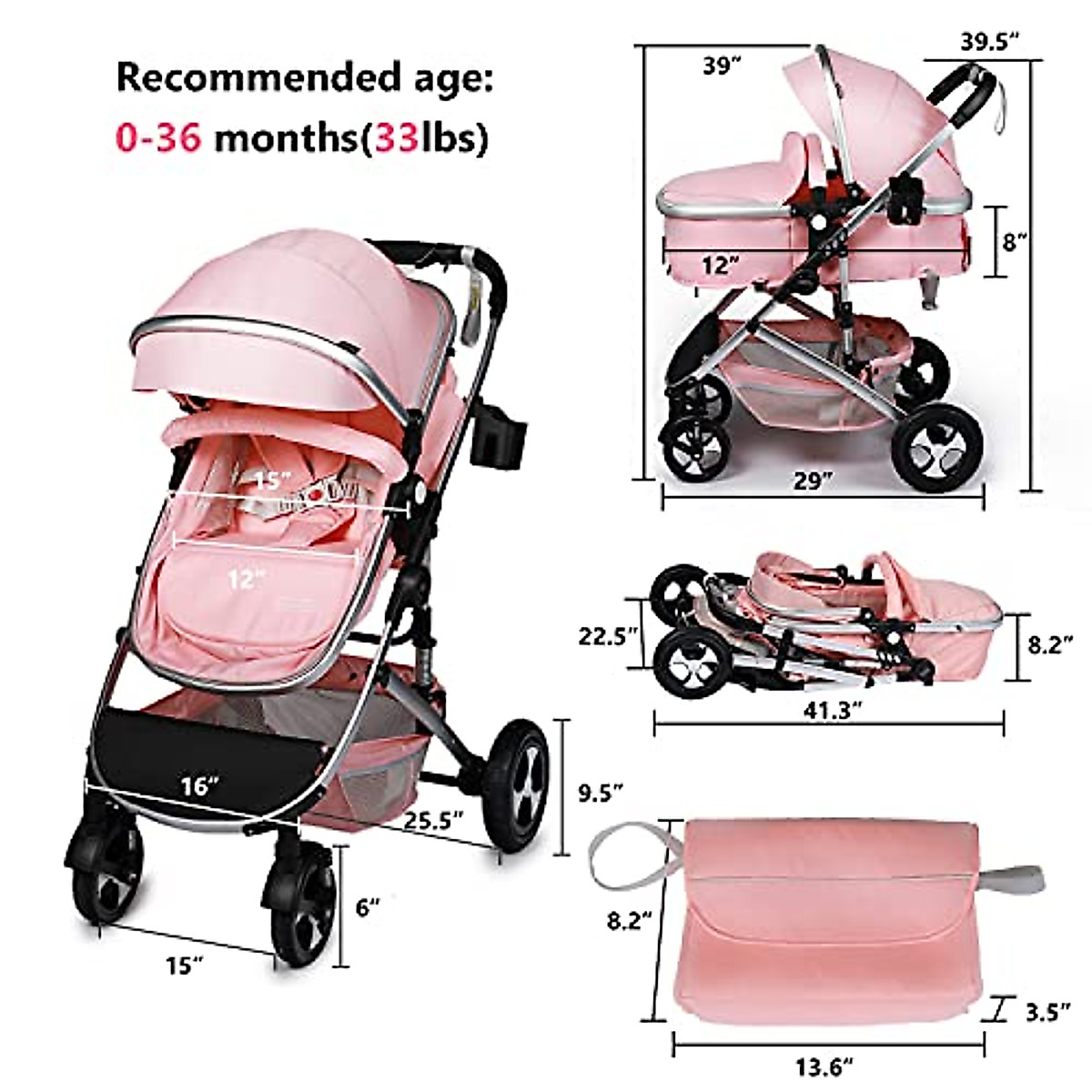 Kinder King 2 in 1 Convertible Baby Stroller, Folding High Landscape Infant Carriage, Newborn Reversible Bassinet Pram, Adjustable Canopy, Diaper Bag, Anti-Shock Toddler Pushchair Stroller, Pink