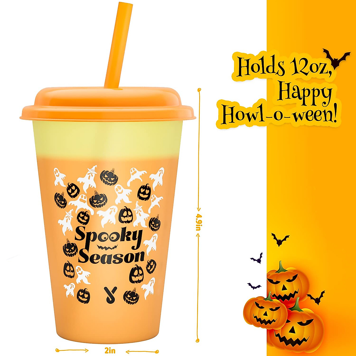 Meoky Halloween Decorations, Plastic Cups with Lids and Straws - 6 Pack 12 oz Color Changing Cups, Reusable Tumblers Bulk for Party, Kids