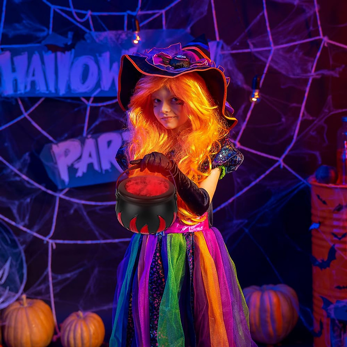 YUJUN 3 Pack Halloween Witch Cauldron Candy Servers Bowls Decor Plastic Kettle Lights Halloween Holder Bucket Witch Cauldron Spiders for Halloween Festival Supplies Indoor Outdoor Home Decoration