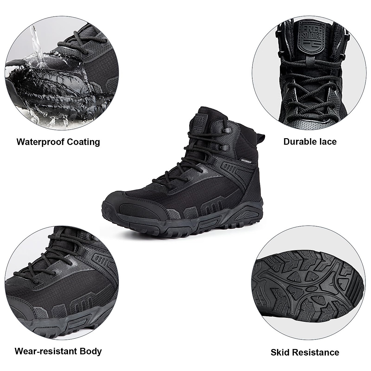 FREE SOLDIER Men's Waterproof Hiking Boots Lightweight Work Boots Military Tactical Boots Durable Combat Boots(Black 9w)