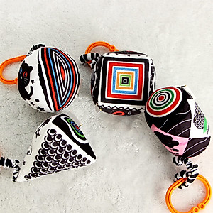 KAKIBLIN Baby Hanging Rattle Toys, 4 Pack Black and White Car Seat Baby Toys Soft Squeaky Stroller Toy for Baby Montessori Sensory Toys 0-12 Months for Newborn Infant, White and Black