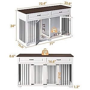PIAOMTIEE Dog Crate Furniture, 72.4 Inch Wooden Dog Kennel, Modern Decorative Dog Crate End Table, Dog House with Double Doors, Drawers, Divider, Indoor Dog Cage for Large Medium Dogs, White