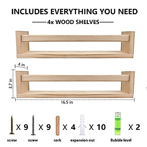 BIROLA Nursery Book Shelves Set of 4,Wood Floating Nursery Shelves for Wall,Wall Bookshelves for Kids，Bathroom Decor, Kitchen Spice Rack (Set of 4)