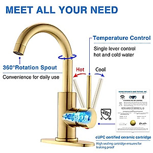 Single Handle Brushed Gold Bathroom Sink Faucet with Supply Hose, 360° Swivel Gold Bar Sink Faucet with Deck Plate, Gold RV Bathroom Basin Faucet for 1-3 Hole Installation