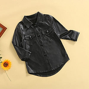 Toddler Little Girl Dress Fall Winter Leather Shirt Dresses Kids Jacket Button Cardigan Outerwear (Black, 5-6 Years)