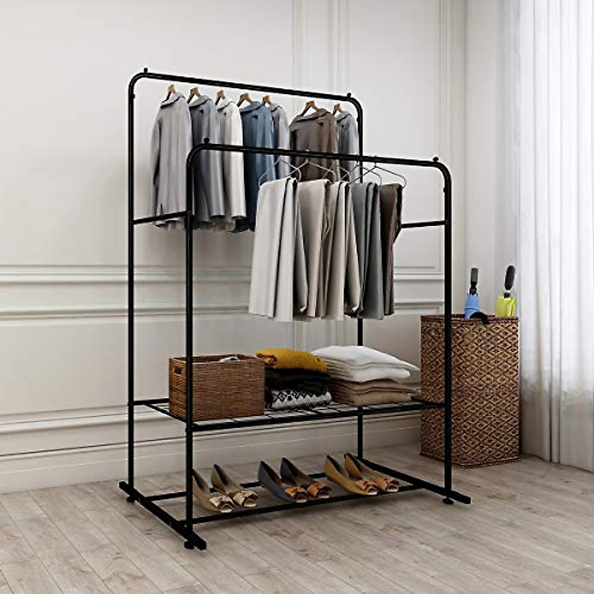 Ustamio Clothes Rack with Double Rods & Double Bottom Shelves, Simple Houseware Metal Portable Clothing Hanging Garment Rack 43.3'' Inches for hanging dresses, suits and shirts, Chrome (Black)