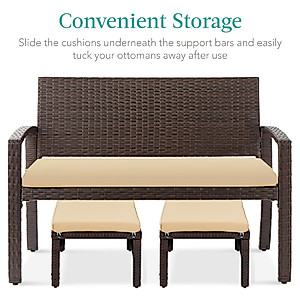 Best Choice Products Set of 2 Wicker Ottomans, Multipurpose Outdoor Furniture for Patio, Backyard, Additional Seating, Footrest, Side Table w/Removable Cushions, Steel Frame - Brown/Beige