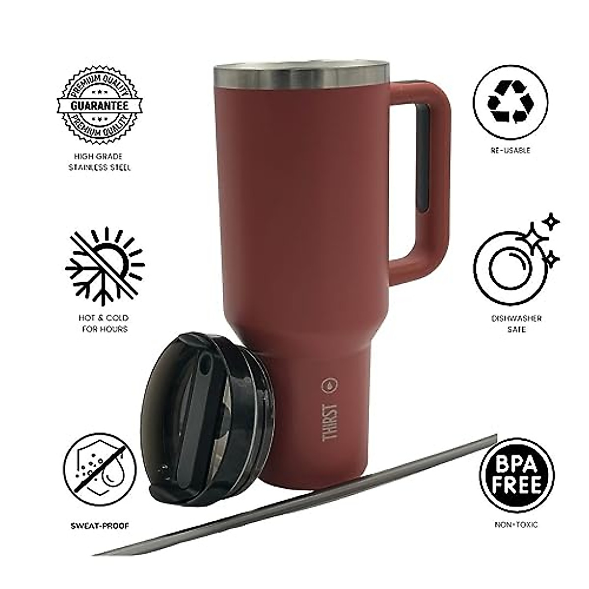 THIRST Quench H2.0 40 oz tumbler with handle and straw | Stainless Steel Tumbler | Insulated Tumbler | Double Wall Mug | Thermos | Cup | Water Bottle (New Generation Lid & Straw) (Red Rust)