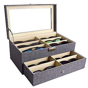 AUTOARK Linen 12 Piece Eyeglasses Storage and Sunglass Glasses Display Drawer Lockable Case Organizer,Grey,AW-096