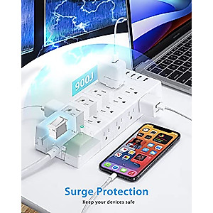 Surge Protector Power Strip 10 ft, Extension Cord with Multiple outlets, 16 Outlets Extender with 4 USB Ports, Large Power Strip with Long Cord, Wall Mountable, Flat Plug for Desktop Office Dorm Room