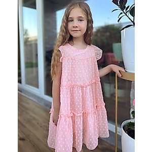 AGQT Toddler Girls Summer Dress Loose Fit Swiss Dots Flowy Pleated Dress Ruffle Babydoll Birthday Chiffon Dress Pink Size 1-2T