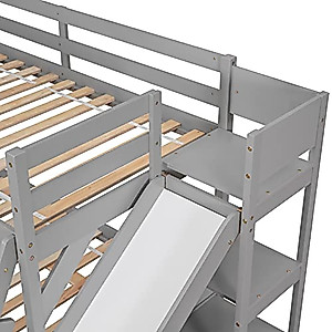 GLORHOME Twin Over Full Bunk Bed,Wooden Bunk Bed, Bunk Bed with Drawers,Slide,Grey