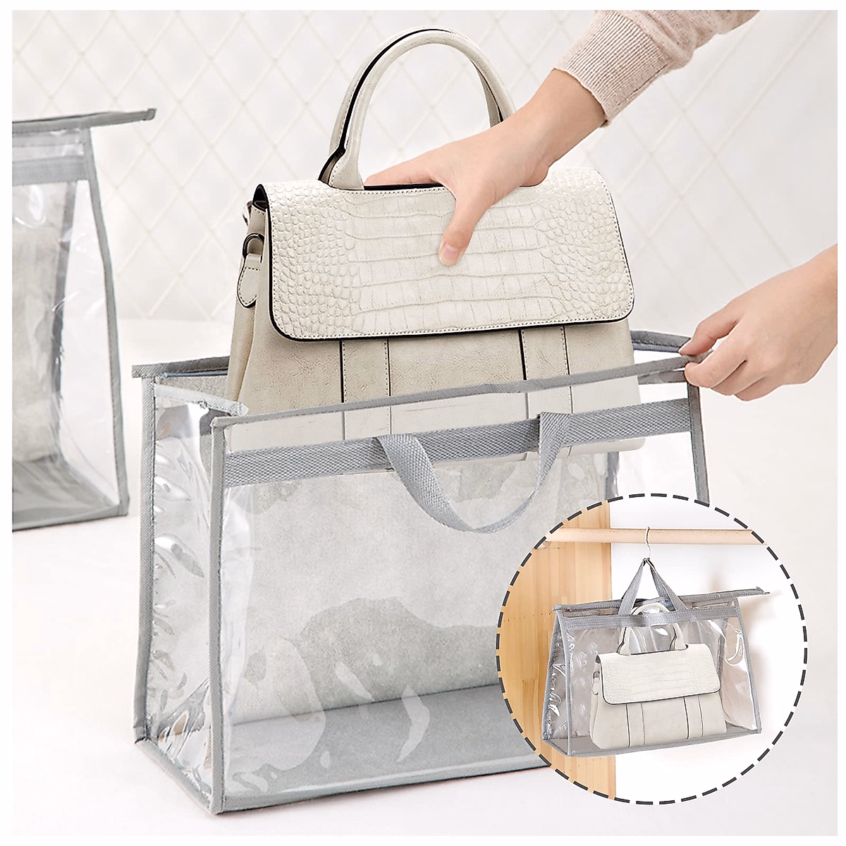 FuninCrea 4 Pack Handbag Storage Clear Handbag Dust Bags with Zipper and Handle Dustproof Moistureproof Handbag Storage Organizer, Purse Storage Organizer for Closet (Grey)
