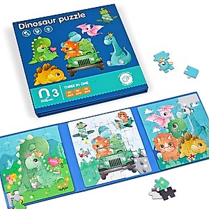 Vileafy Magnetic Puzzles for Kids Ages 4-8, 3 in 1 Wooden Dinosaur Puzzles Book for Boys Girls, Preschool Educational Learning Toys and Travel Games Toys (Dinosaur 25P+30P+42P)