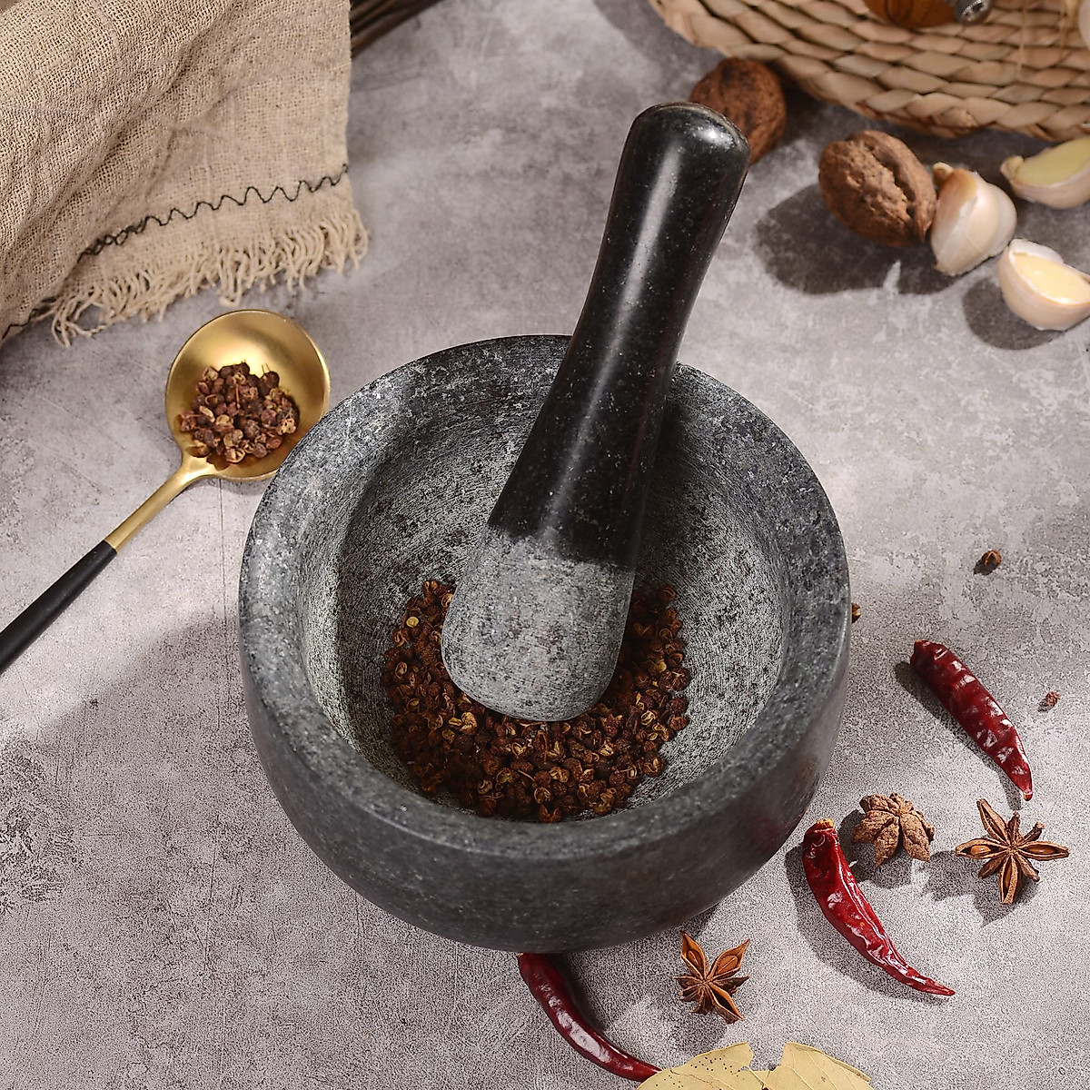 Velaze Large Mortar and Pestle Set, 100% Granite, Natural Unpolished, Herb Crusher, Spice Grinder, Stone Grinder Bowl for Making Guacamole and Pesto, 6.3 Inch Pestle Size
