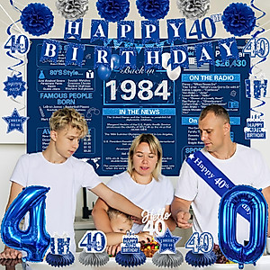 Crenics 40th Birthday Decorations for Men Women - Blue Back in 1984 Birthday Backdrop, 40th Birthday Banner, Hanging Swirls, Honeycomb, Sash and Cake Topper for 1984 Birthday Decorations