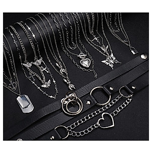 JOERICA 9 PCS Layered Chain Necklaces Set for Women Men Gothic Black Leather Choker Necklaces Adjustable Silver Punk Pendant Necklaces with Lock Heart Butterfly