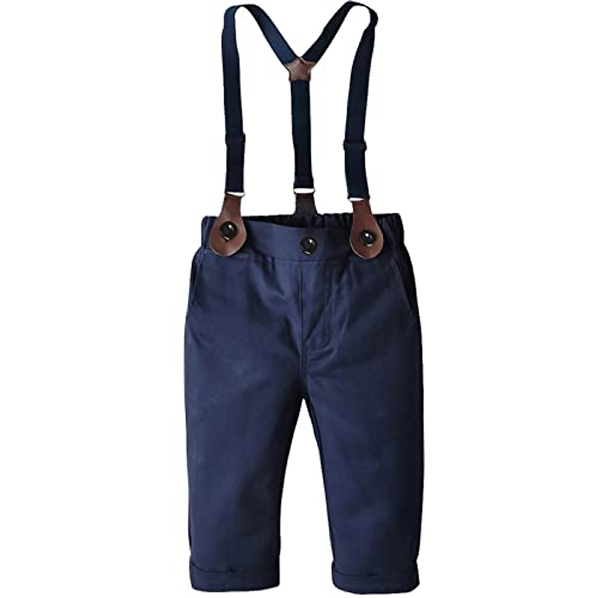 Joe Wenko Baby Boys Clothes Pants Set, Long Sleeve Dress Shirts with Bowtie and Suspender Pants Outfit Navy, 18-24 Months