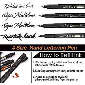 BOXUN Hand Lettering Pens - 4 Size Refillable Modern Black Calligraphy Ink Pen for Beginners Writing, Signature, Illustration Design