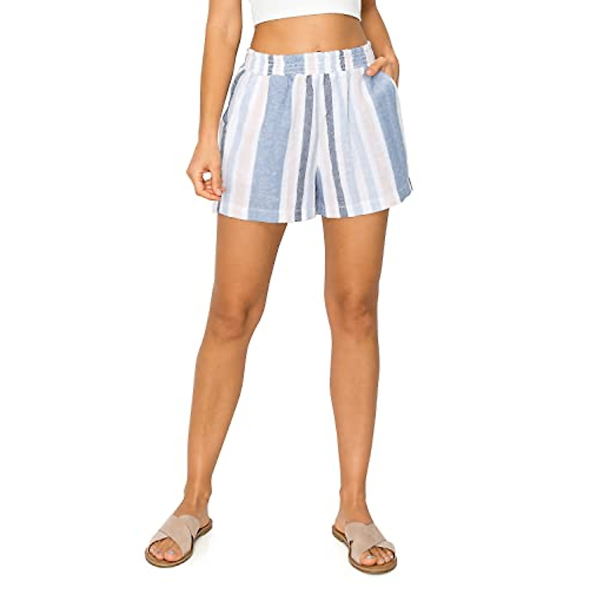 Cali1850 Women's Casual Linen Shorts - Oceanside Elastic Waist Smocked Waistband Beach Pants with Pockets 51647Z-LNN374 BLUPIN S