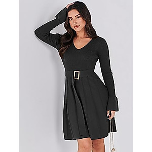 ANRABESS Sweater Dress for Women 2023 Fall Fashion Long Sleeve V Neck Tie Waist A-Line Pleated Swing Sexy Elegant Ribbed Knit Midi Formal Wedding Guest Dresses 1195heise-M Black