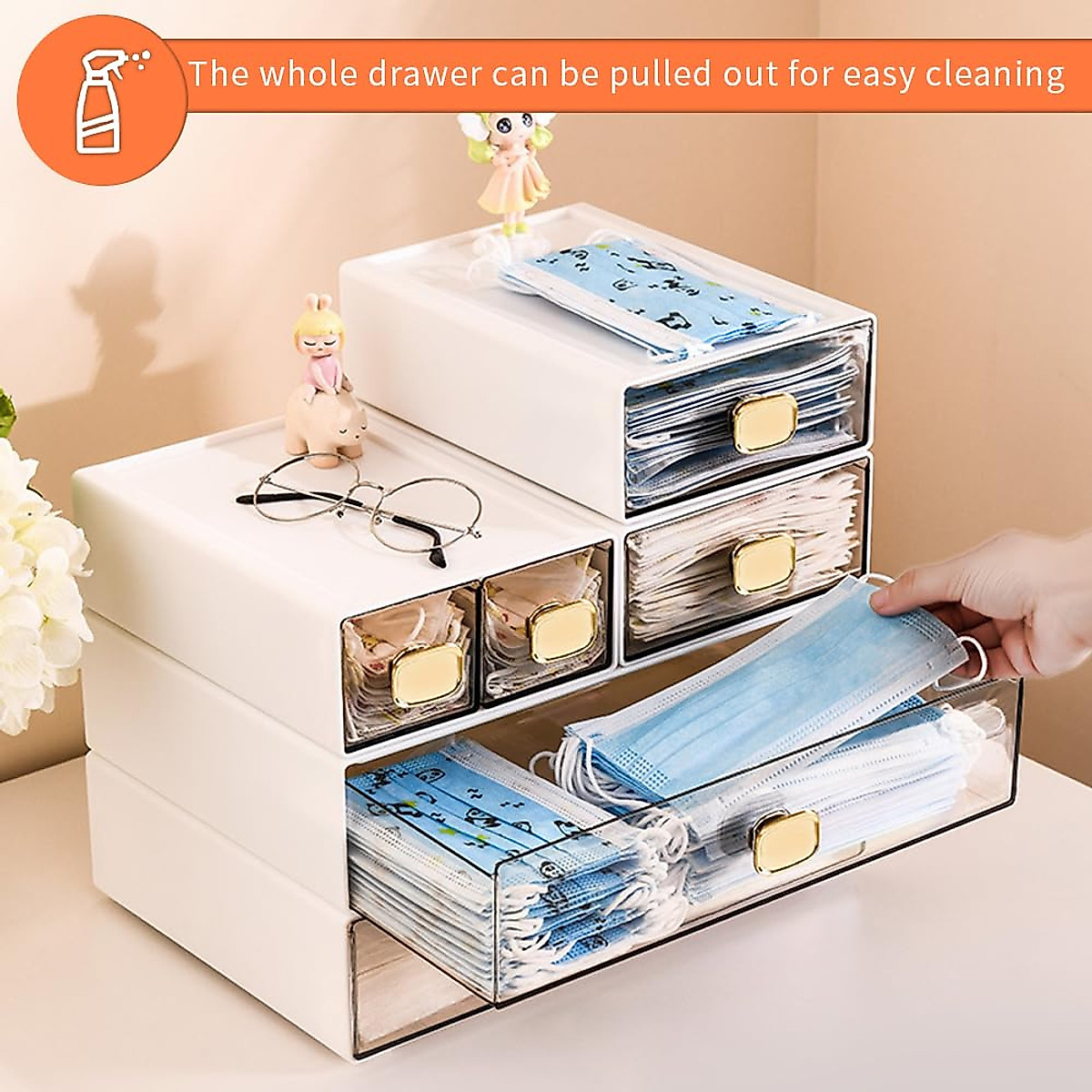 3 Pack Stackable Desk Storage Drawers, Desktop Organizer with Drawers, 4 Drawers Plastic Desk Storage Organizer for Home, Office, School, Makeup, Crafts, Bathroom, Make Up, Cosmetic - White