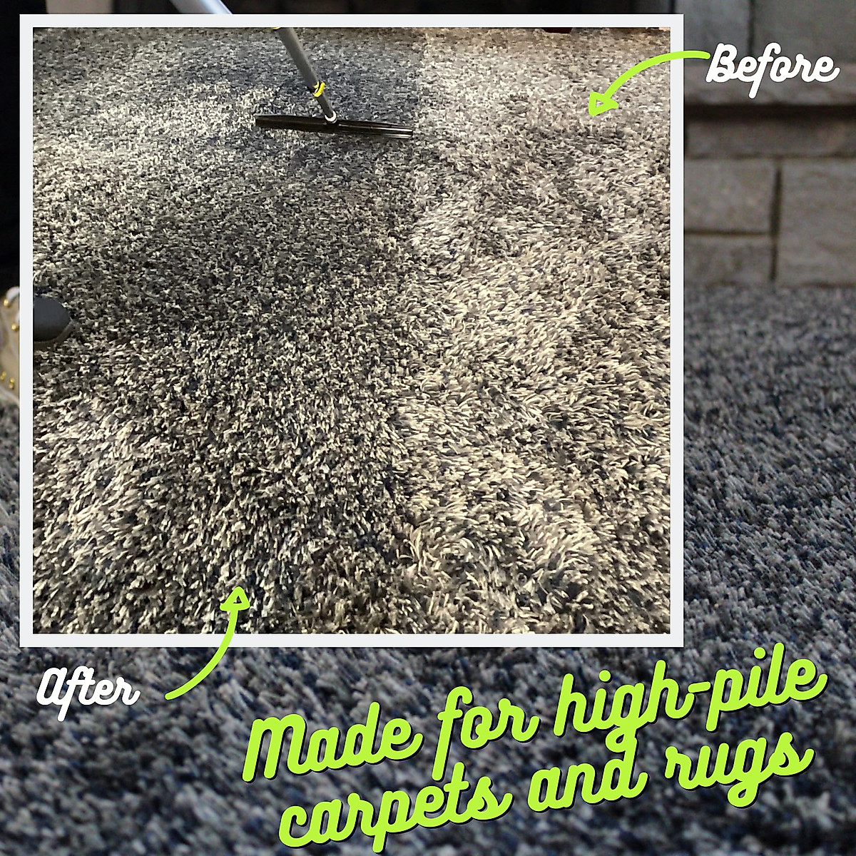 Room Groom Carpet Rake and Groomer with Telescoping 54 Inch Adjustable Handle, Portable Design, Carpet Brush Ideal for Pet Hair, Refreshing High Pile Carpets, Rugs, and Artificial Turf