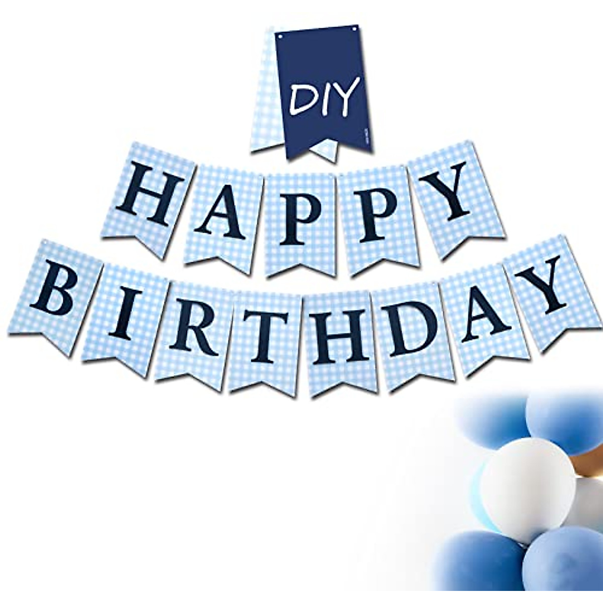 Blue Gingham Happy Birthday Banner, Light Blue and Navy Banner, Checkered Banner