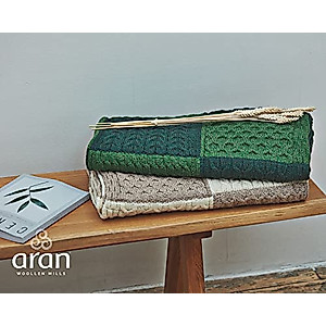 Aran Woollen Mills Irish Knit Blanket Merino Wool Patchwork Intarsia Throw Made in Ireland (Kiwi/Connemara Green)