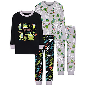 DAUGHTER QUEEN Boys Pajamas Toddler Robot PJs Kids Sleepwear 100% Organic Cotton Pj Sets Child 4 Piece Long Sleeve Jammies Winter Clothes Size 2T Age 2 Years Old