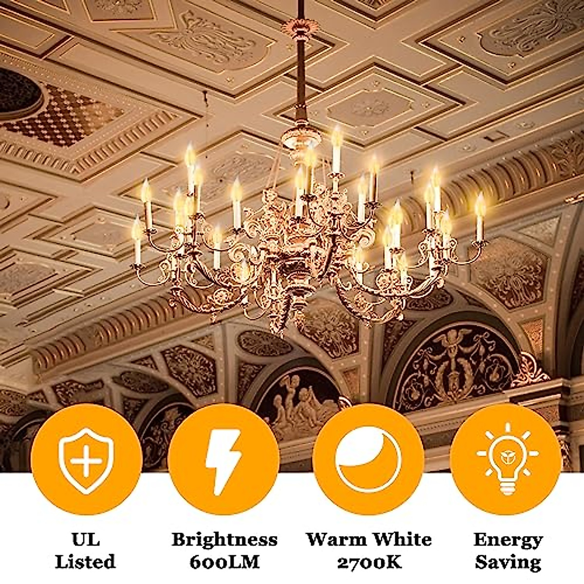 LONIUTO LED Light Bulbs 60 Watt Equivalent, Vintage LED Flame Tip Candelabra Bulb, E12 LED Bulb Dimmable 2700K Soft Warm White, E12 LED Bulb Clear Glass, for Chandeliers, Ceiling Fan, Pendant, 6 Pack