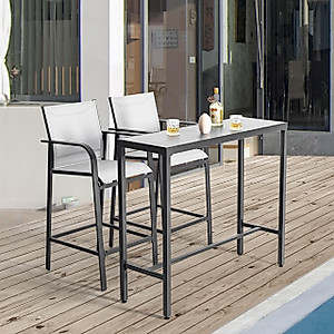 NUU GARDEN 3 Piece Outdoor Bar Set, 2 Textilene High Bar Stools and 1 Patio Bar Table, All-Weather Powder-Coated Frame, Ergonomic Back with Curved Armrests, for Patio, Deck, Garden, Black and Gray