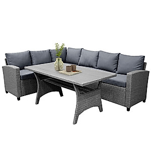 DHPM Patio PE Wicker Furniture Set Outdoor Brown Rattan Sectional Conversation Sofa Chair with Table & Soft Cushions, Gray