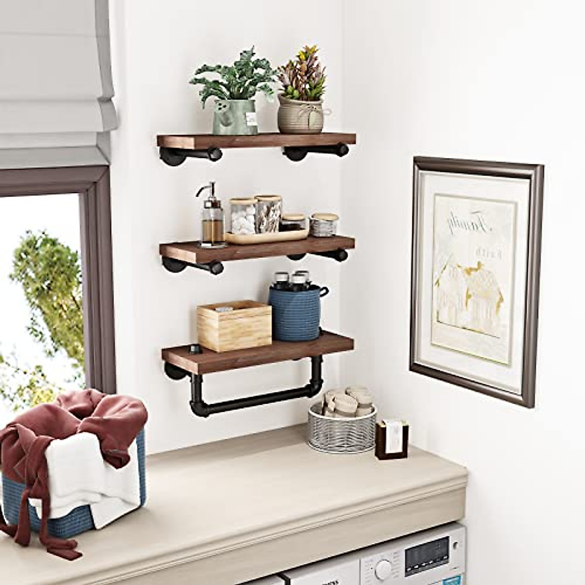 BOSURU Industrial Iron Pipe Shelves Wall Mount Wood Floating Shelf Rustic DIY Storage Shelving with Towel Rack for Bathroom,Living Room,Bedroom(Black,3-Tier)