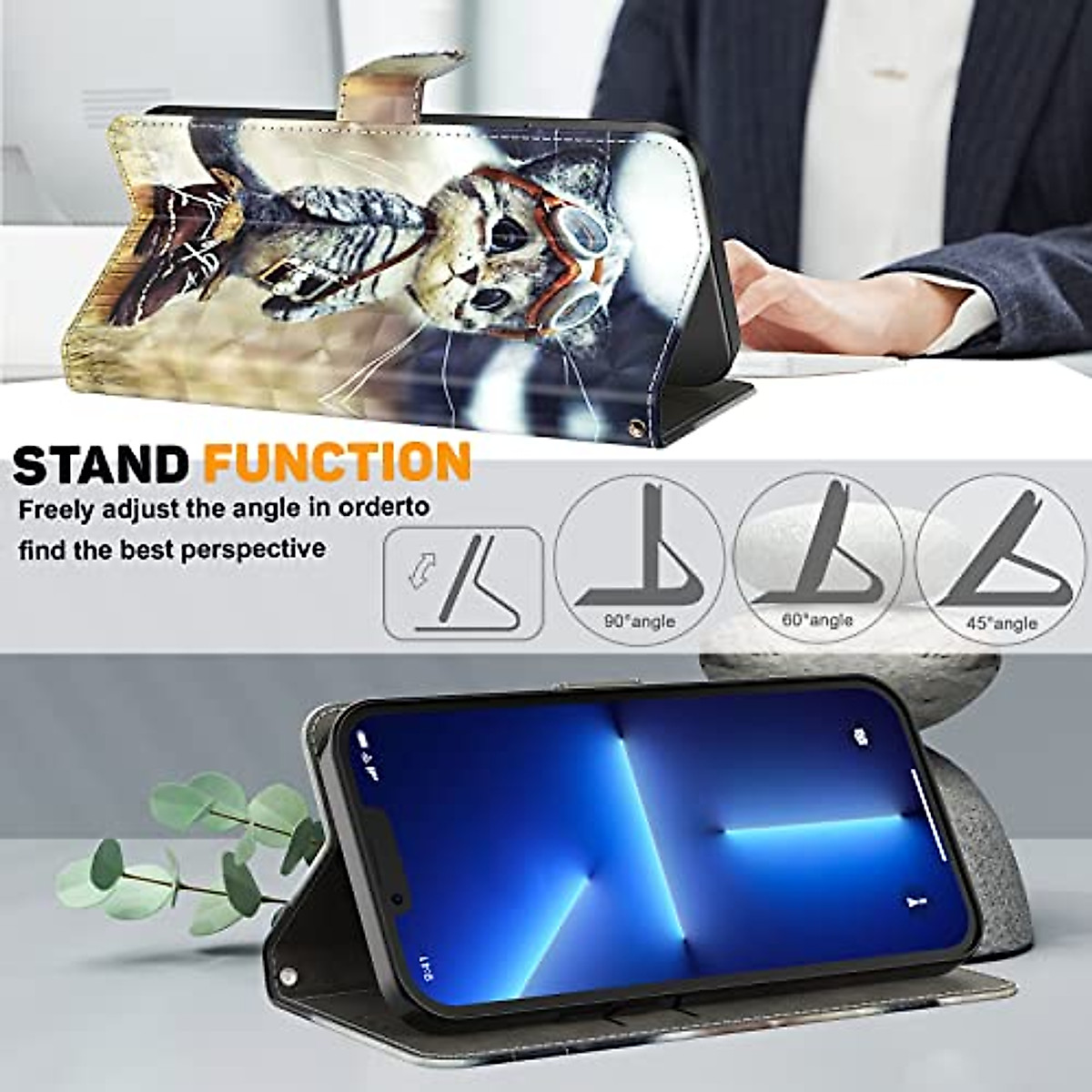 ALILANG Phone Case for Oppo A17 Case, Magnetic Stand Flip PU Leather Cover with Card Holder Protective Shockproof for Oppo A17 Wallet Case-Naughty Cat