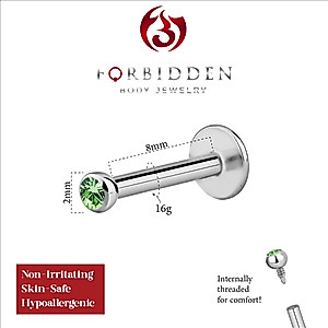 Forbidden Body Jewelry 16g 8mm Tragus Earring, Helix Earring & Labret Piercing, Internally Threaded Green CZ Stud