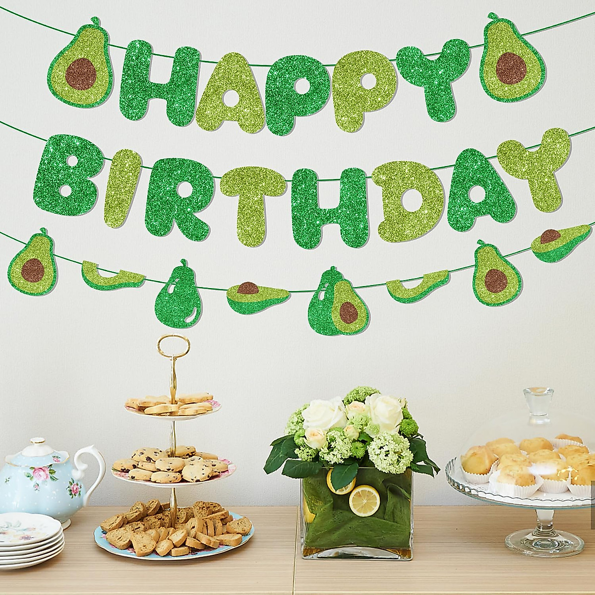 Avocado Themed Birthday Party Decorations Supplies with Glitter Avocado Birthday Garland Banner Cake Topper Let's Avocado Set for Avocado Baby Shower Birthday Party Supplies
