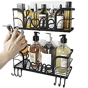 Auslar Shower Caddy, 2 Pack Large Capacity Shower Shelf, SUS 304 Stainless Steel Rustproof No Drilling shower organizer with 6 Removable Hooks, for Bathroom, Kitchen, Matte Black