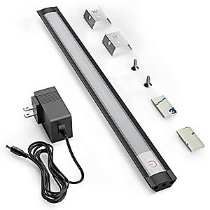 MYPLUS Under Cabinet Lights, 12" Touch Activated and Dimmable Aluminum LED Bar for Kitchen, Workbench and Desk, Warm White 3000K, Plug-in, Black.