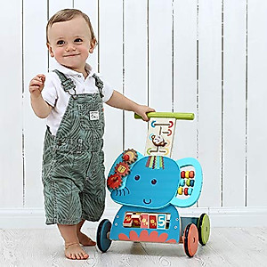 labebe - Baby Pushing Walker Toy for 1-3 Years Old Girl/Boy, Toddler Learning Walker 4 Wheels Wooden Walker, Infant Activity Walker Wagon Toy, Kids Walker Toy for Walking - Blue Elephant