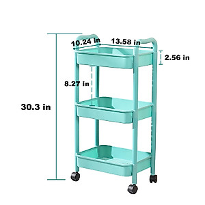 3 Tier Utility Rolling Cart with Handle, Multifunctional Storage Organizer Rolling Carts with Wheels for Bathroom Office Living Room (Green)