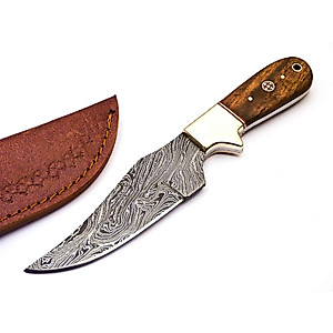 Rare Custom Damascus Full Tang Bushcraft Skinning Knife Hunting Knife | Best Quality Outdoor Knife Camping Knife | Cow Horn Handle with Free Genuine Leather Sheath (S-74)