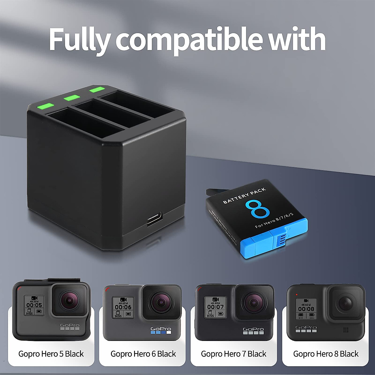 Seternaly Hero 8/7 Battery (3-Pack 1500mAh), Replacement Batteries Charger Compatible with Gopro Hero 8/7/6/5 and Hero 2018