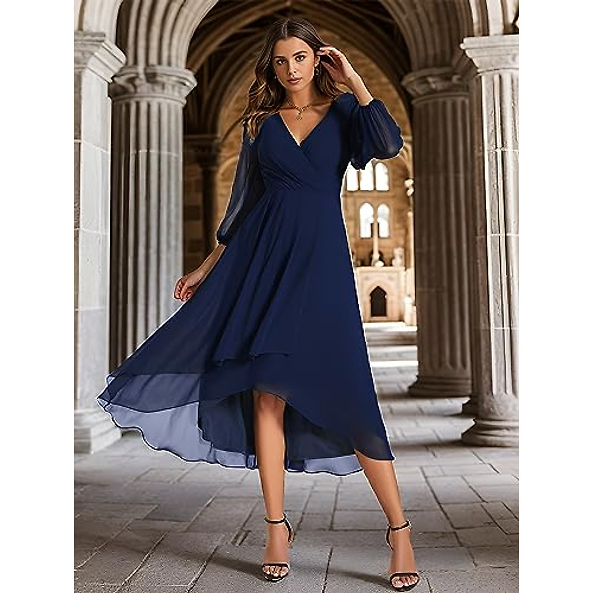 Ever-Pretty Women's Chiffon Spring V Neck Long Sleeves Pleated A-Line Midi Length Wedding Guest Dress Navy Blue US12